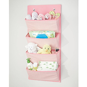 mDesign Soft Fabric Wall Mount/Over Door Hanging Storage Organizer - 4 Large Pockets for Child/Kids Room or Nursery, Hooks Included - Herringbone Print - Pink