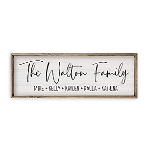 Personalized Framed Wooden Family Name Sign (6" x 18", Weathered Grey Frame, White Background)