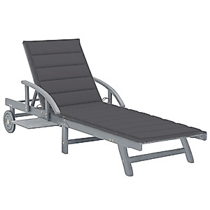 Tidyard Folding Sun Lounger with Armrest and Cushion, Garden Acacia Wood Footrest and Backrest Adjustable Chaise Lounge Chair, Gray Wooden Sunlounger for Pool Balcony Outdoor Furniture