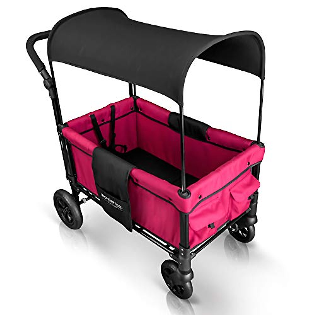 WONDERFOLD W1 Original Double Stroller Wagon (2 Seater) - Collapsible Wagon Stroller with Seats with 5-Point Harnesses, Adjustable Push Handle, and Sun Canopy, Fuschia Pink