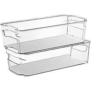 Sooyee Stackable Refrigerator Bin - (6 x 12 Inch) - w/Handle - BPA Free Polyethylene - for Fridge, Freezer, Pantry Organization - Kitchen,Clear - Set of 4
