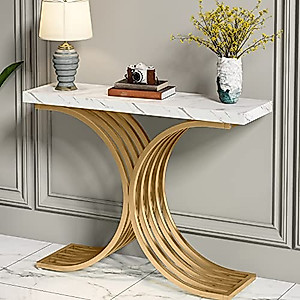 Tribesigns Entryway Console Table with Gold Metal Base, 39-inch Modern Foyer Entry Tables, Narrow Sofa Accent Table with White Faux Marble Top for Entrance, Hallway, Living Room