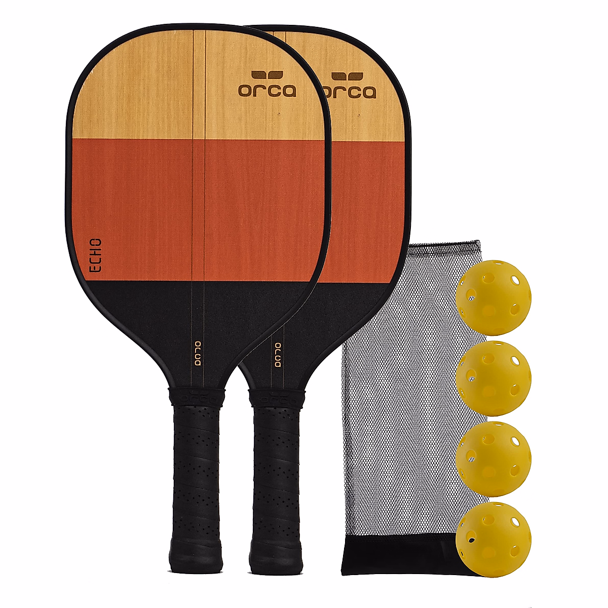Orca Paddle Co. Echo Pickleball Paddles, Set of 2, with 4 Pickleballs, Mesh Bag - Racket for Beginners, Intermediate, Advanced Players - Pickle-Ball Accessories and Equipment