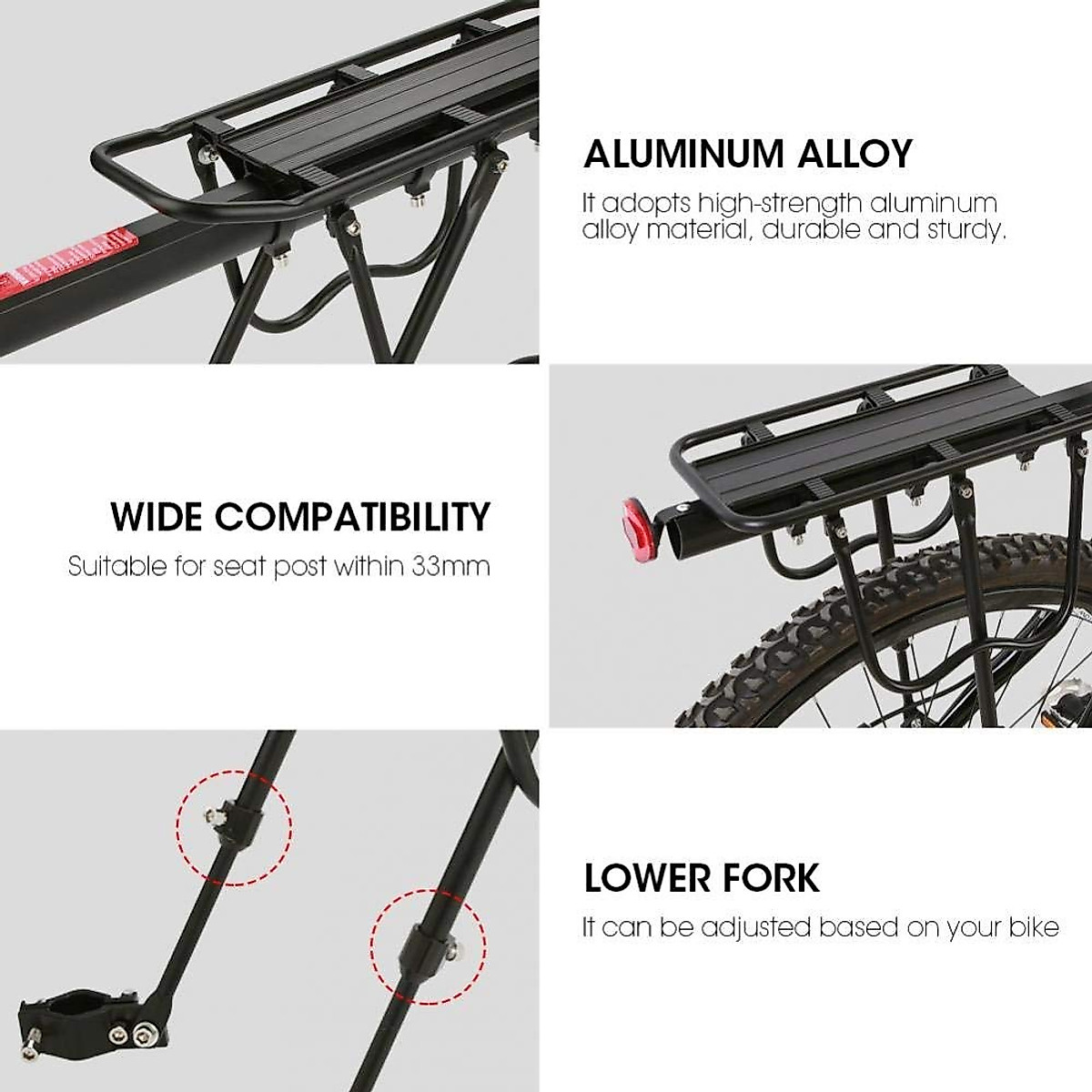 Bike Rear Rack, Aluminum Alloy Bike Rear Seat Luggage Shelf Rack Carrier Racks Quick Release Adjustable Cargo Carrier, 25kg Maximum Bearing