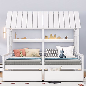DEYOBED Wooden Double Shared Bed, Twin Size House Bed with 2 Storage Drawers Roof Design, House Platform Bed for Kids, Boys and Girls, Combination of 2 Side by Side Twin Size Beds, White