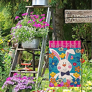 Happy Easter Garden Flag, Double Sided 12” x 18” Linen Tulip and Bunny Yard Flag for Spring Outside Yard Outdoor Farmhouse Easter Decorations (Blue)