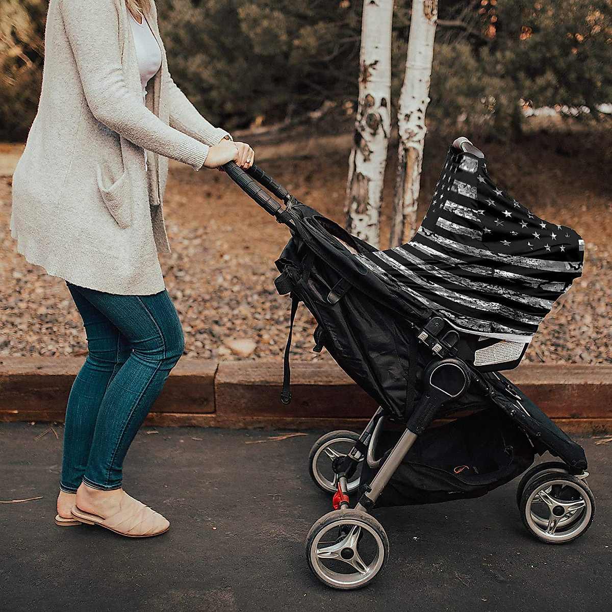 Camouflage Baby Nursing Cover for Breastfeeding, American Flag Camo Breathable Stretchy Nursing Scarf Carseat Canopy for Boys or Girls Stroller Car Seat Covers Independence Day Black Gray Star Stripe