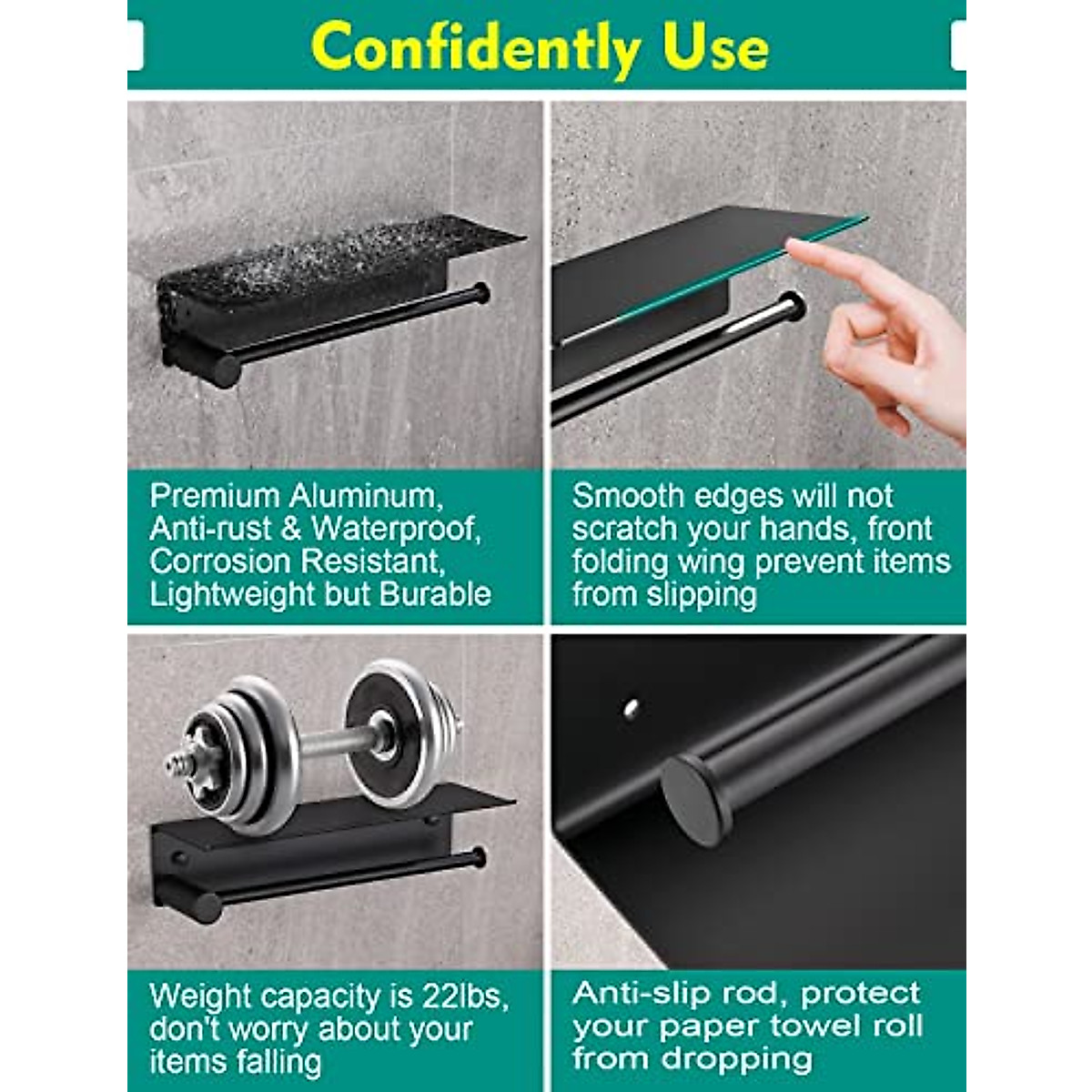 Paper Towel Holder for Kitchen - TDYU Wall Mount Paper Towel Holder with Shelf Under Cabinet, Rustproof Aluminum, Lightweight but Durable, Both Available in Adhesive & Screws (Black)