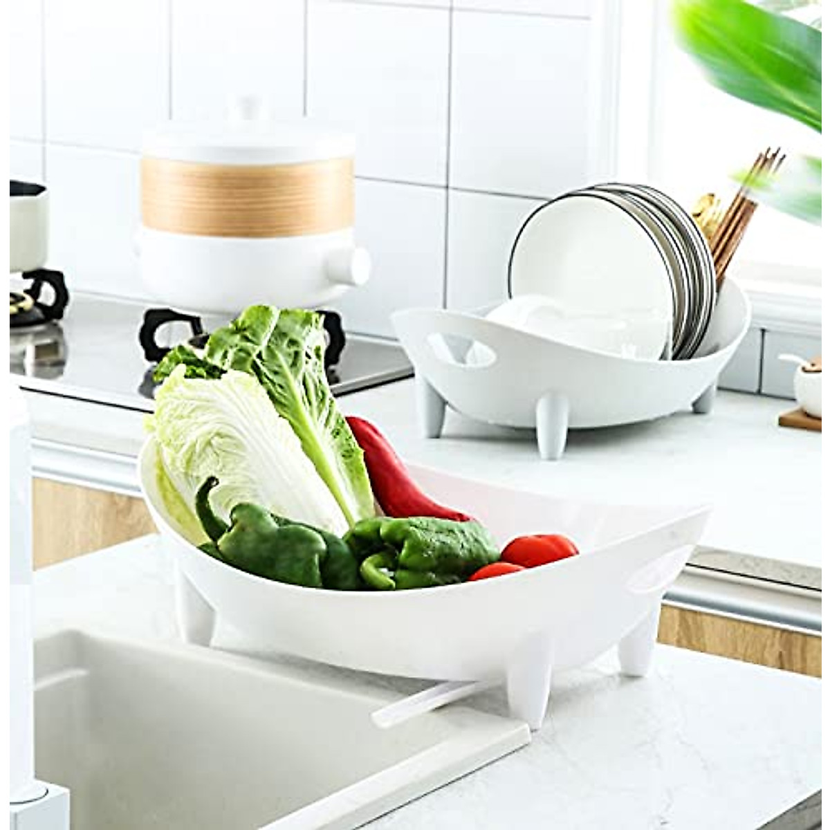 SERENITA Dish Drying Rack. Oval Compact Size Drainer with Utensil Holder. Kitchen Counter Cabinet (White 16.5")