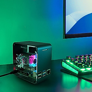 ElectroCookie Raspberry Pi 4 Case, Aluminum Mini Tower Case with Dual Power Cooler and Color Changing Ambient Light (Matte Black)