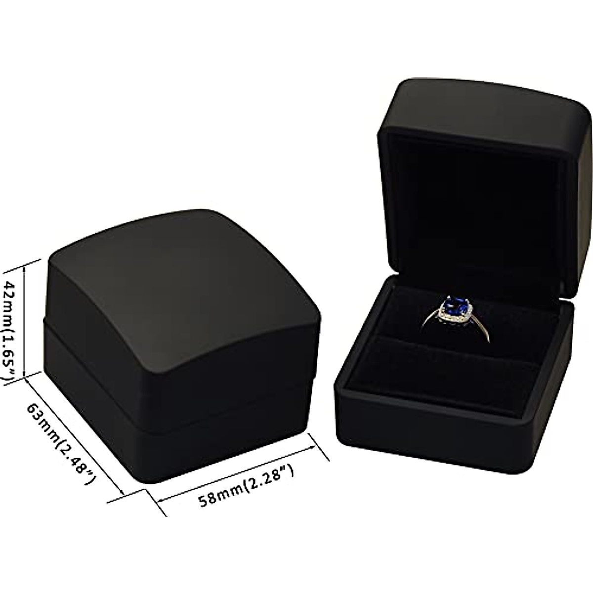 LED Black Ring Box for Proposal, Wedding, Engagement, Birthday, Valentine' Day, Mother's Day, Father's Day, Christmas...Luxury Arc Shaped Top Design LED Ring Jewelry Gift Box with Light for Men for Women for Girls Box Dimension 2.28〞(W)*2.48〞(D)*1.65〞(