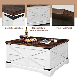 oneinmil Modern Farmhouse Coffee Table, Square Wood Center Table with Large Storage Space, Metal Corners, Z Shape, White
