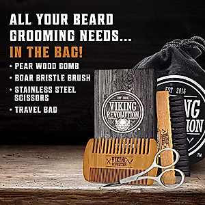 Viking Revolution Beard Comb & Beard Brush Set for Men - Natural Boar Bristle Brush and Dual Action Pear Wood Comb w/Velvet Travel Pouch - Great for Grooming Beards and Mustaches
