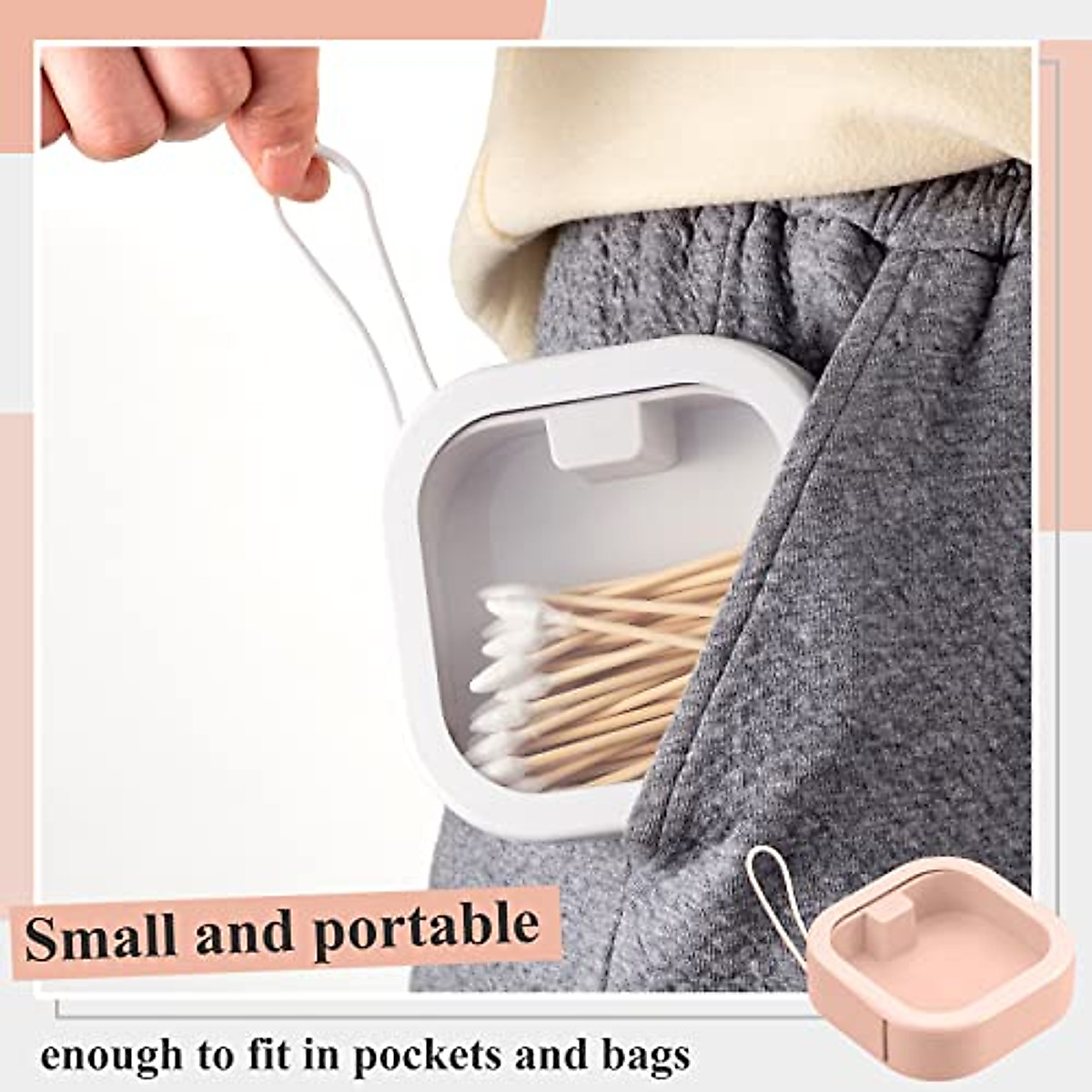 6 Pcs Hair Tie Organizer Qtip Dispenser Bathroom Storage Organizer Cotton Swab Holder Portable Travel Qtip Holder Cotton Swabs Dispenser Kids Hair Accessory Box with Lid for Bathroom (Pink, White)