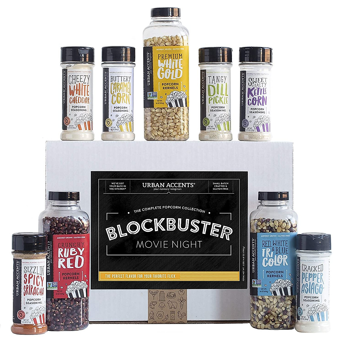 Urban Accents BLOCKBUSTER, Movie Night Popcorn Kernels Gift and Popcorn Seasoning Variety Pack (Set of 9)-3 Kernels and 6 Popcorn Seasonings