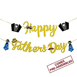 Partyprops Happy Father's Day Banner Gold Glitter - Father's Day Decorations - Fathers Day Party Decorations - Father's Day Bunting Banner - Fathers Day Garlands - Fathers Day Family Photo Backdrop