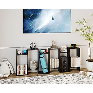 Yusong Bookshelf 6-Tier, Geometric Bookcase S Shaped Book Shelves for Bedroom, Modern Wood Decorative Display Shelf Tall Book Case for Home Office, Black