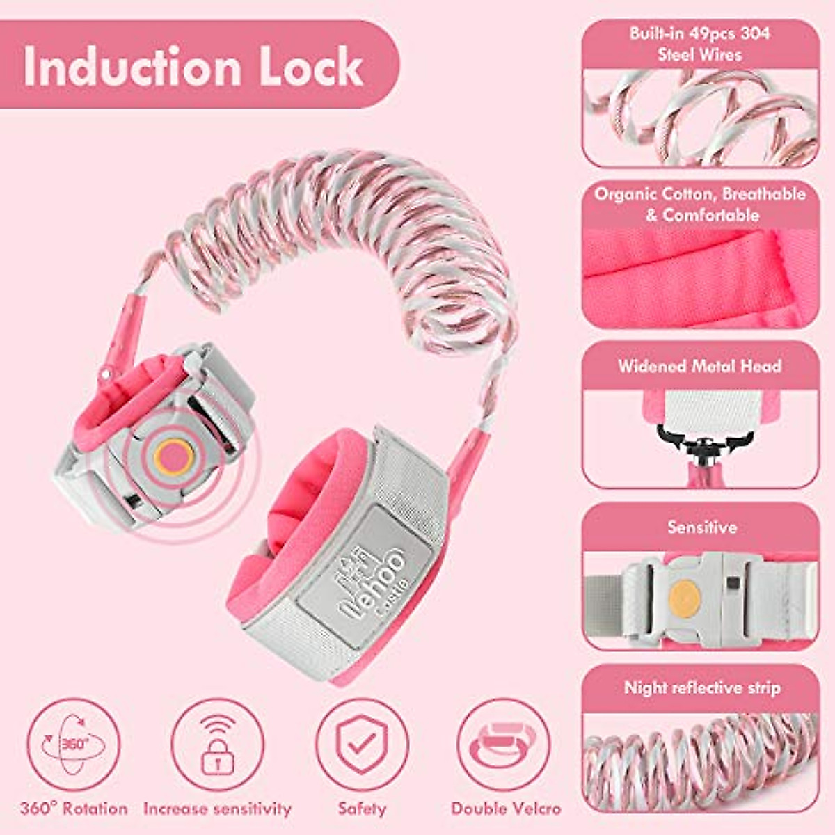 Lehoo Castle Upgraded Anti Lost Wrist Link, Kid Harness with Induction Lock, Safety Wrist Leash for Toddlers, Kids Backpack Leash, Child Leash Harness (Pink)