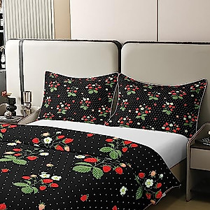 Castle Fairy 100% Cotton Red Strawberry Duvet Cover Queen Sweet Fruits Bedding Set for Boys Girls Bedroom Rustic Flowers Plant Comforter Cover White Dots Simple Style Soft Breathable Quilt Cover