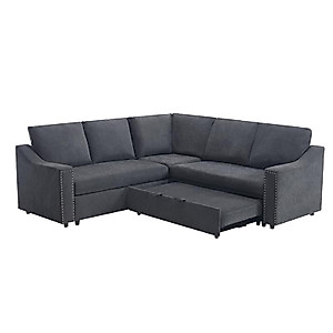 Couches for Living Room, Convertible Sectional Sofa Couch L Shaped Couch with Pull Out Sofa Bed & Square Handrail, Built-in Nailheads Trim, 5-seat Modular Sectional Sofa for Small Spaces, Grey