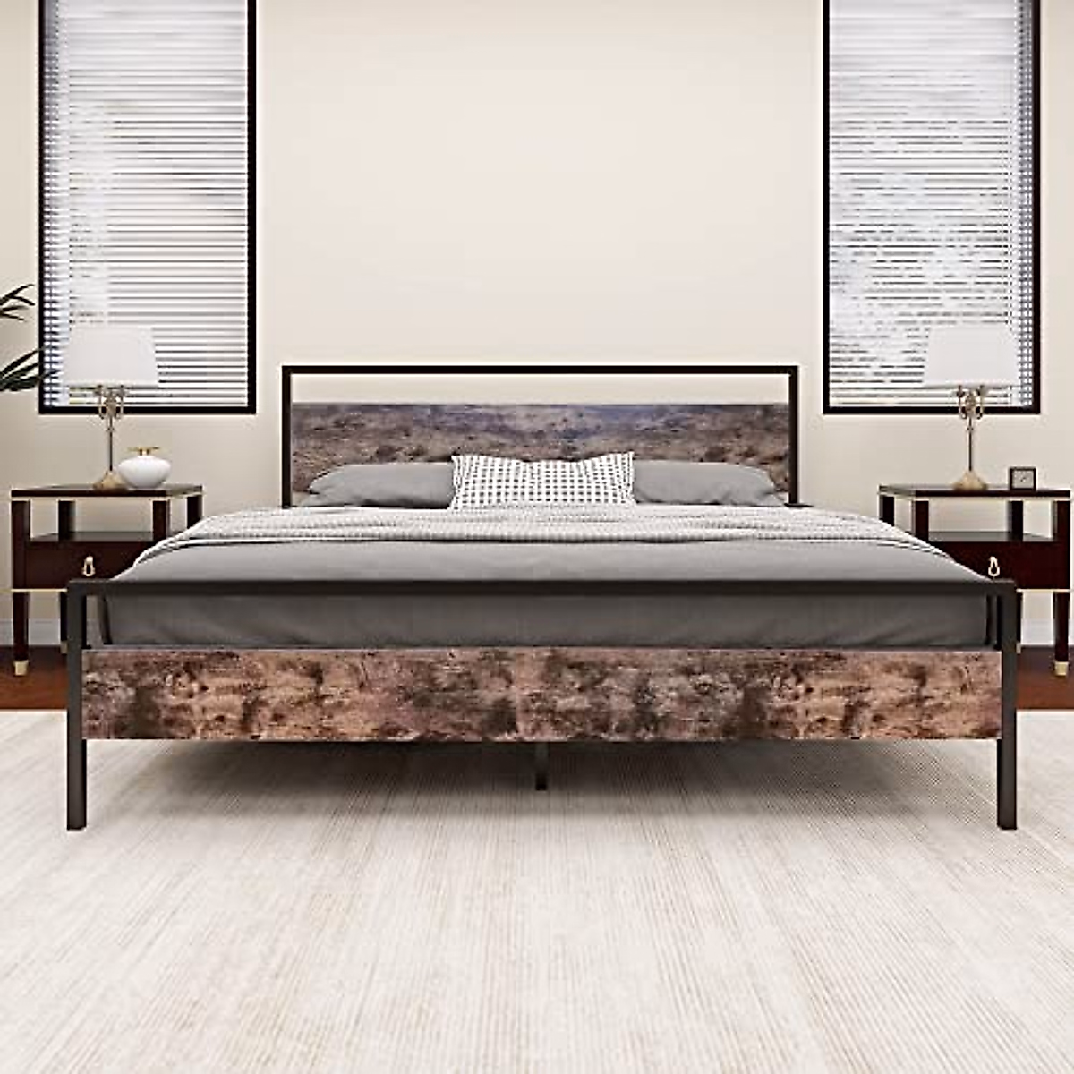 NNV Metal Platform King Size Bed Frame with Wooden Headboard and Footboard, Strong Metal Slats Support Mattress Foundation No Box Spring Needed Easy Assembly Black
