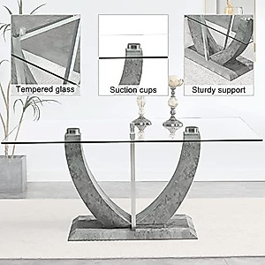 67" Rectangular Glass Dining Table Set for 6, Modern Rectangle Dining Table & Chair Sets for Kitchen Room, 67 inch Tempered Glass Table Top and PU Leather Dining Chairs with Silver Plating Legs, Grey