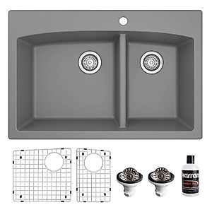 Karran QT-711 Drop-In Quartz Composite 33 in. 1-Hole 60/40 Double Bowl Kitchen Sink Kit in Grey
