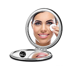 OMIRO 1X/10X(300R) Magnifying Compact Mirror with PU Leather, Ultra-Portable for Purses and Travel, Round Black