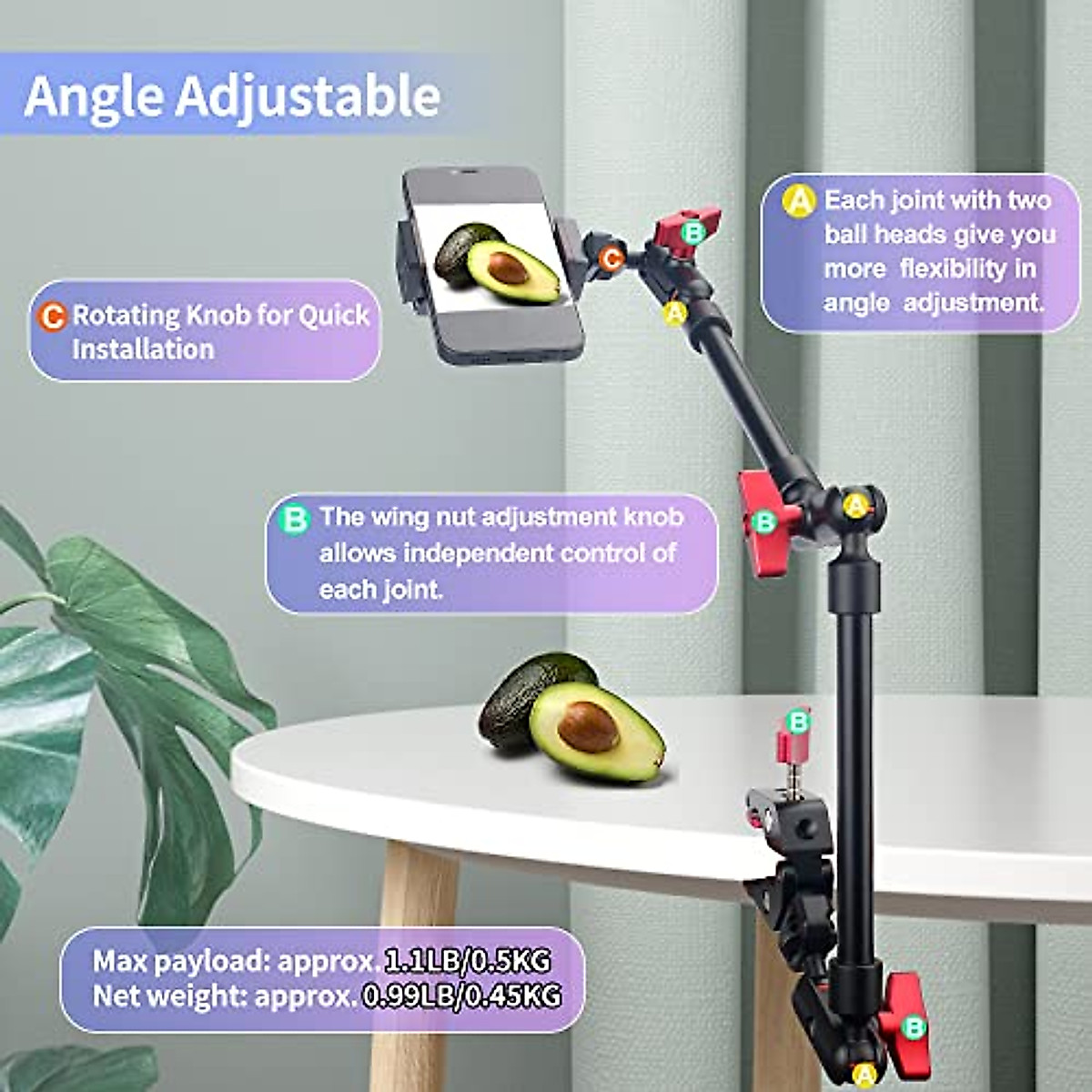 JINSUI 22inch Adjustable Articulating Magic Arm and Super Clamp with 1/4" and 3/8" Thread, Magic Arm Camera Mount with Phone Holder and 3/8" 5/8" Screw Adapters for Microphone, Webcam, LED Light
