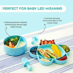 Grabease Silicone Baby Feeding Set - Essential Baby Feeding Supplies for Portion Control and Baby-Led Weaning - Suction Bottoms 4 Piece Set, BPA and Phthalates-Free, Teal