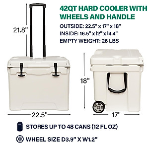 FOROUT Hard Cooler with Wheels and Handle, 42 Quart Ice Chest with Wheels Keeping Ice Cold for Days, Great for The Beach, Boat, Travel,Fishing, Barbecue or Camping White
