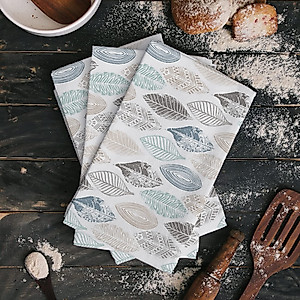 Kitchen Dish Towel Set of 4, Leaves Specimens Blue Khaki Teal Grey White Background Hand Towels, Ultra Soft Absorbent Drying Cloth Tea Towels for Kitchen, Bathroom, Bar, Hotel (18 x 28 inches)