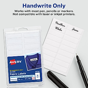 Avery No Iron Fabric Labels, 0.5” x 1.75”, Matte White, Handwrite Only, 2 Pack, 108 Labels Total (32130)