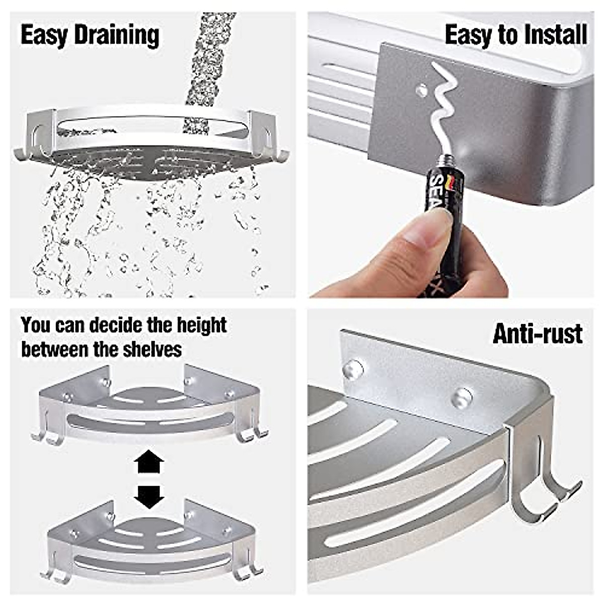 GeekDigg 2 Pack Aluminum Brackets for Shower Caddy Shelf 2-Pack Shower Shelves for Tile Walls, Aluminum Corner Shower Basket Caddy