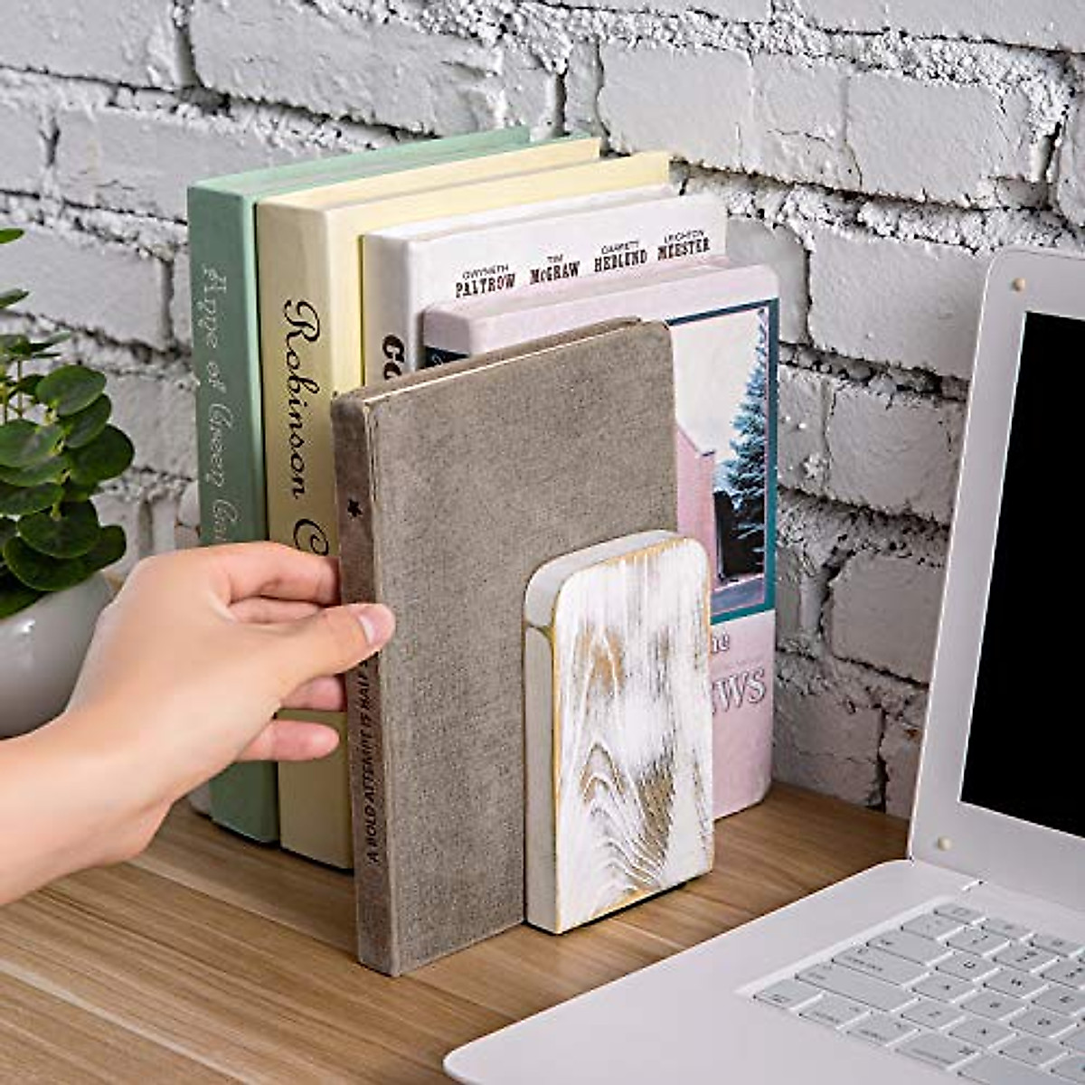 MyGift Vintage Whitewashed Wood Office Desktop Bookends, 1 Pair