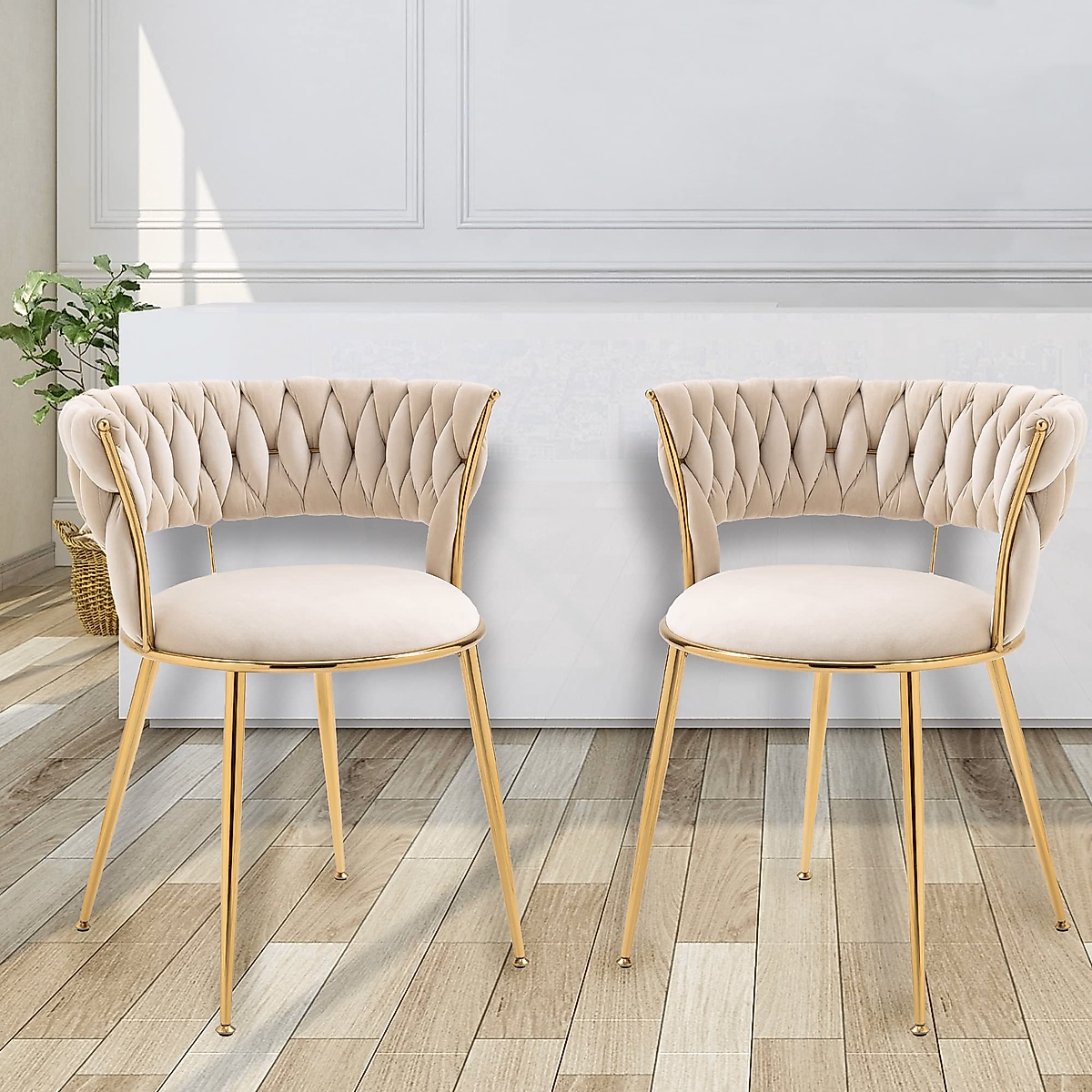 DUOSI Leisure Dining Chairs Set of 2, Velvet Upholstered Accent Side Chair, Modern Leisure Chair with Weaving Back and Golden Metal Legs for Living Room Kitchen Bedroom Pub, Ivory