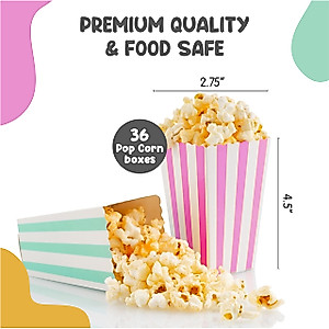 Chloe Elizabeth Mini Popcorn & Candy Favor Treat Boxes For Birthday, Bridal and Baby Shower - Assorted Striped Design - 36 Count (Rainbow Pastel Mix)
