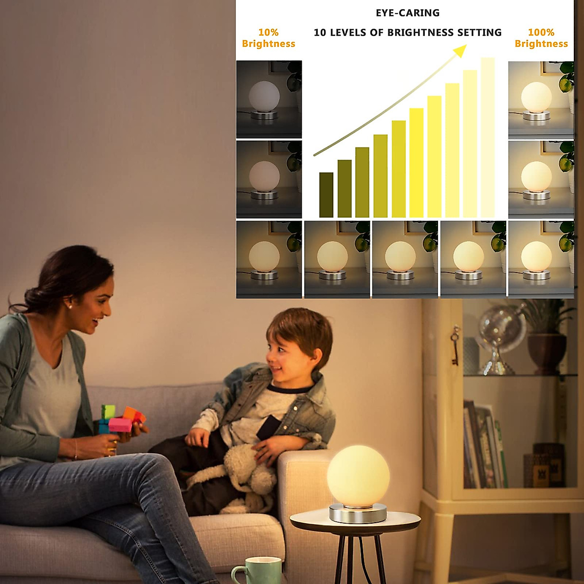 Small Table Lamp, LED Table Lamp with Eye-Caring Glass Lampshade Desk Lamp Dimmable 3 Color Changing, 10 Brightness Levels Reading Table Lamp Warm & White Nightstand Lamp with Memory Function