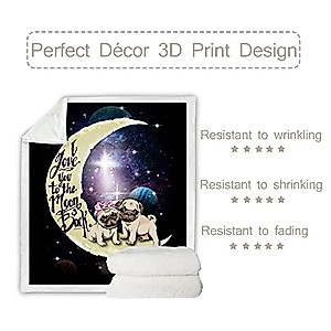 Sleepwish Galaxy Puppy Blanket Cute Pug on The Moon Valentine's Day Sherpa Blanket to The Moon and Back Pug Cozy Comfort Sherpa Blanket (Black, Throw 50"x60")