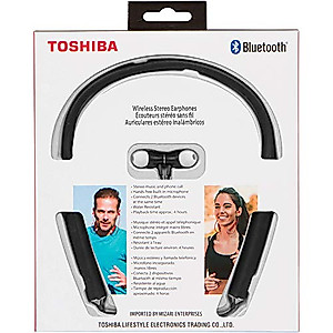 Toshiba Neckband Bluetooth Headphones | Wireless Bluetooth Earbuds | Bluetooth Neckband Headset w/Deep Base | 65FT Working Range | Water/Sweat Resistant | 8-10 Hours Music & Talk Time | RZE-BT600E(K)