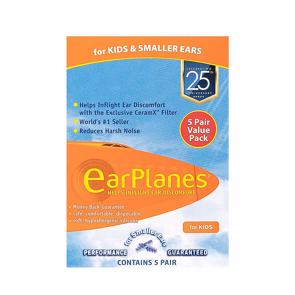 EarPlanes Ear Plugs Kid's Small Size 1 Pair (Pack of 5)