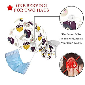 Working Cap with Button for Women 2 Packs, Sweatband Bouffant Scrub Hats, Adjustable Unisex Tie Back Ponytail Hats Hand Drawn Monkey Bunny Acorn & Mashroon