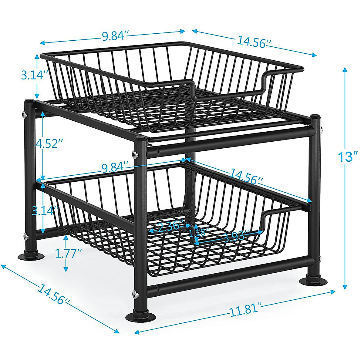 Under Sink Organzier, 1Easylife 2 Tier Sliding Cabinet Basket Under Sink Storage Pull Out Organizer Rack Black with Anti-slip Beads and Silicone Sucker Multi-purpose for Kitchen Bathroom