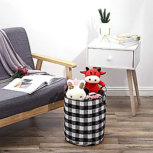 Collapsible Round Storage Basket with Leather Handles, Woolen Fabric Easter Eggs Basket Home Decorative Organizer, Medium, Black White Grey Grids
