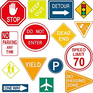 15 Pieces Road Signs Wall Decal Traffic Sign Stickers Street Signs Decals Stop Street Transportation Signs Vinyl Wall Decals for Kids Bedroom Classroom Playroom Birthday Decor