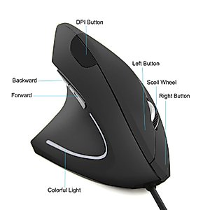 Ergonomic Vertical USB Wired Mouse, Left Handed Optical Mouse, 3 Adjustable DPI 800/1200/1600, 6 Programmable Buttons, Universal Gaming Mouse for Laptop, Desktop, Notebook, PC, Computer (Black)