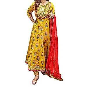 MAHICH WOMEN'S Cotton Anarkali Hand Block Printed Kurti with Pant and Duptta Set_Yellow (XL), X-Large