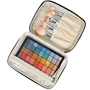 FINDCOZY Large Travel Makeup Bag, Double Layer Cosmetic Case for Women, Organizer for Travel Accessories Brushes, Beauty, Eyeshadow Palette, Lipstick, Black