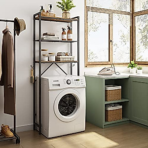 Hoctieon 3-Tier Over The Toilet Storage,Multifunctional Bathroom Organizer,Wood Bathroom Shelf, Metal Freestanding Toilet Rack with Hooks,Washroom Shelves, Space Saver, Rustic Brown