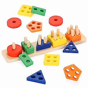 FLYINGSEEDS Wooden Sorting & Stacking Toys for Toddler 2 3 4 Year Old, Montessori Toys Shape Sorter Color Recognition Educational Puzzle Blocks, Best Gifts for Girls Boys Early Preschool Learning